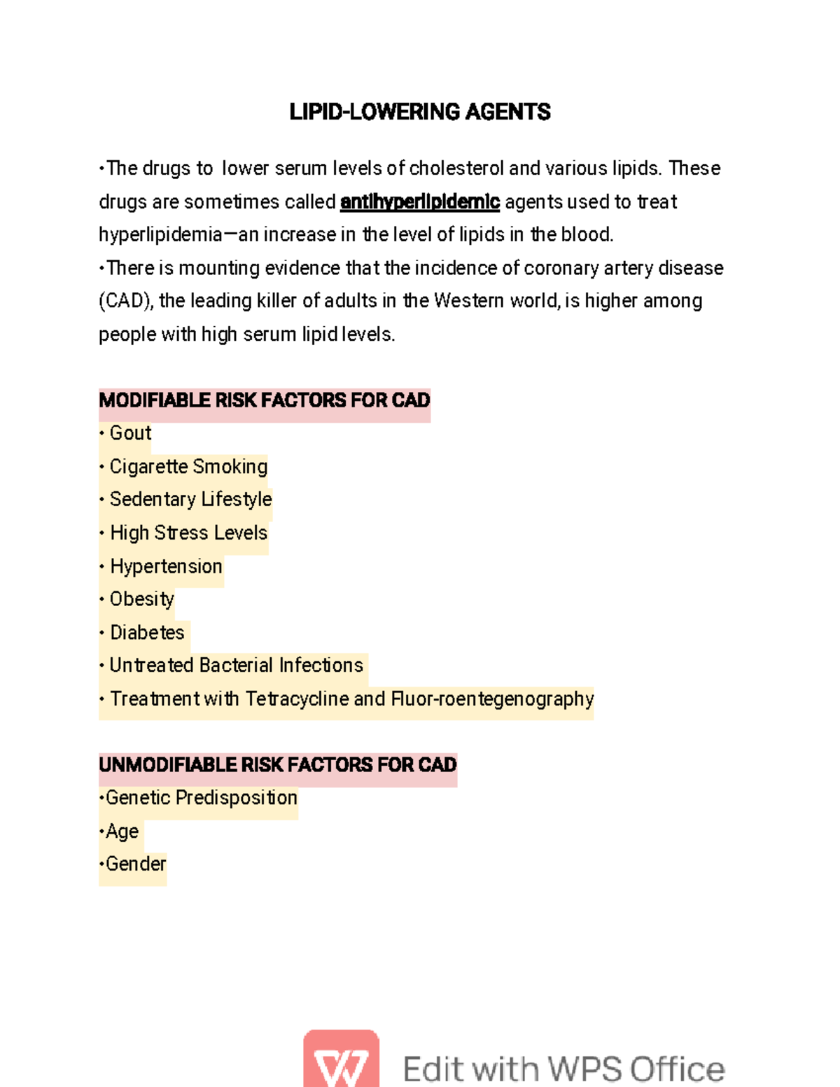 Lipid- Lowering Agents - LIPID-LOWERING AGENTS •The drugs to lower ...