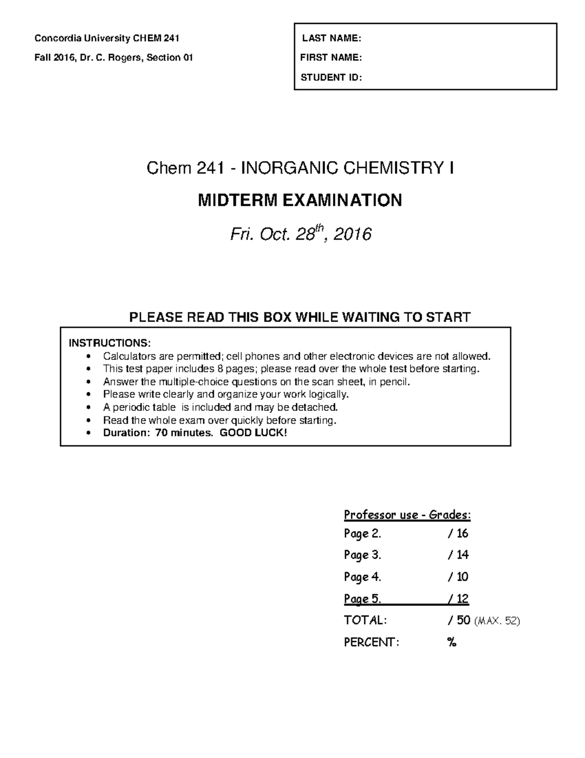 Fall 2016 Midterm - Blank - CHEM 241 - Concordia - Studocu