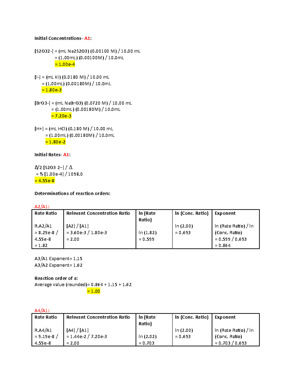 Calculations- Lab 5 - lab 5 - Initial Concentrations- A1: [S2O32 ...