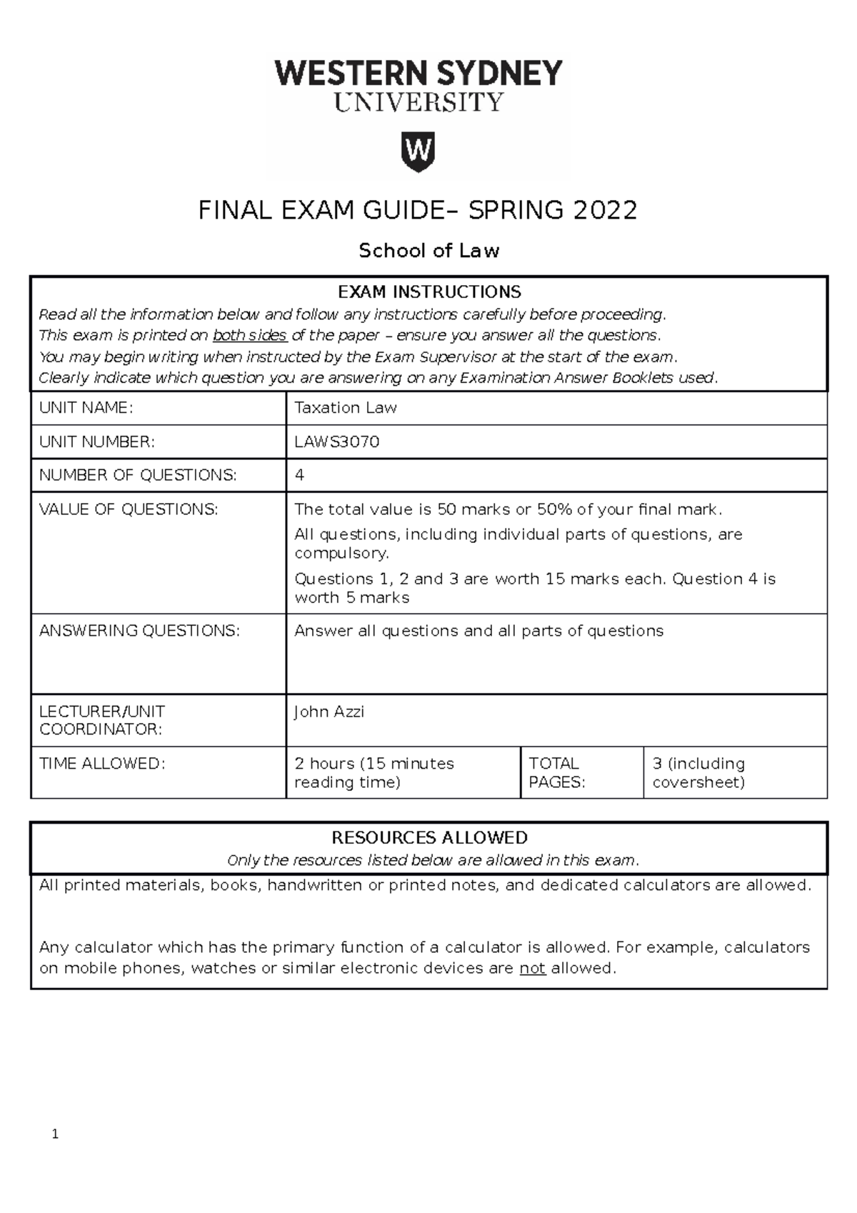 LAWS3070 Final Exam Guide SP 2022 FINAL EXAM GUIDE SPRING 2022