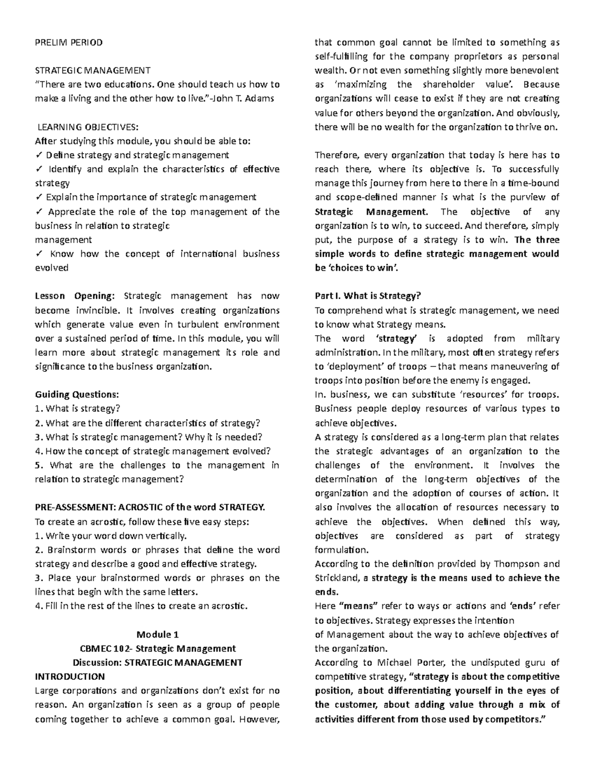 Prelim Period compile - Management lecture and the discussion, .will be helpful to the student ...