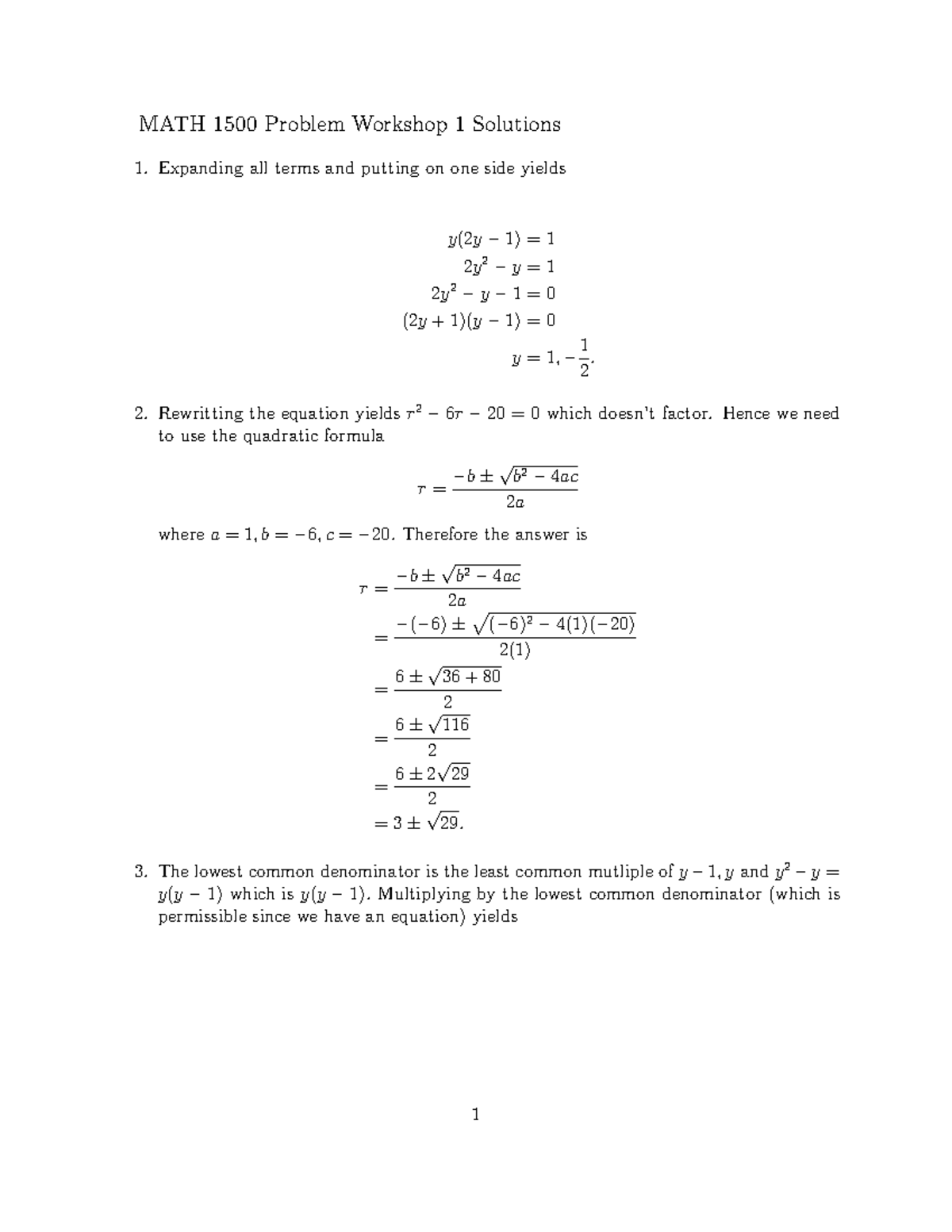 PW1Solutions - solutions - MATH 1500 Problem Workshop 1 Solutions ...