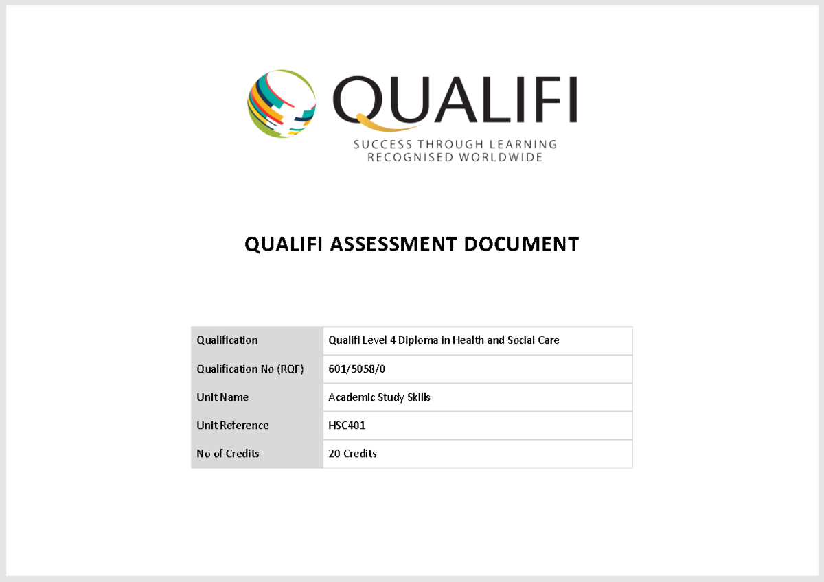 Qualifi-unithsc 401-ab - QUALIFI ASSESSMENT DOCUMENT Qualification ...