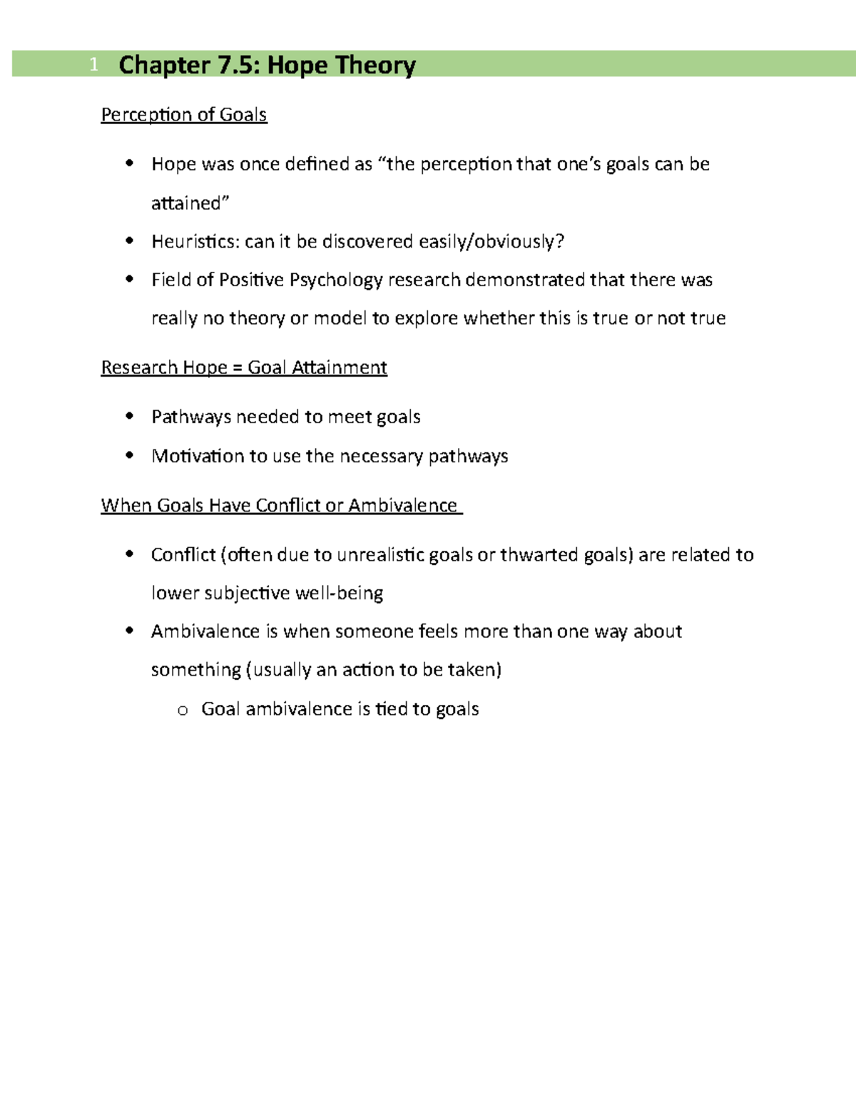 Ch 7.5 - Hope Theory - Notes - Perception of Goals Hope was once ...