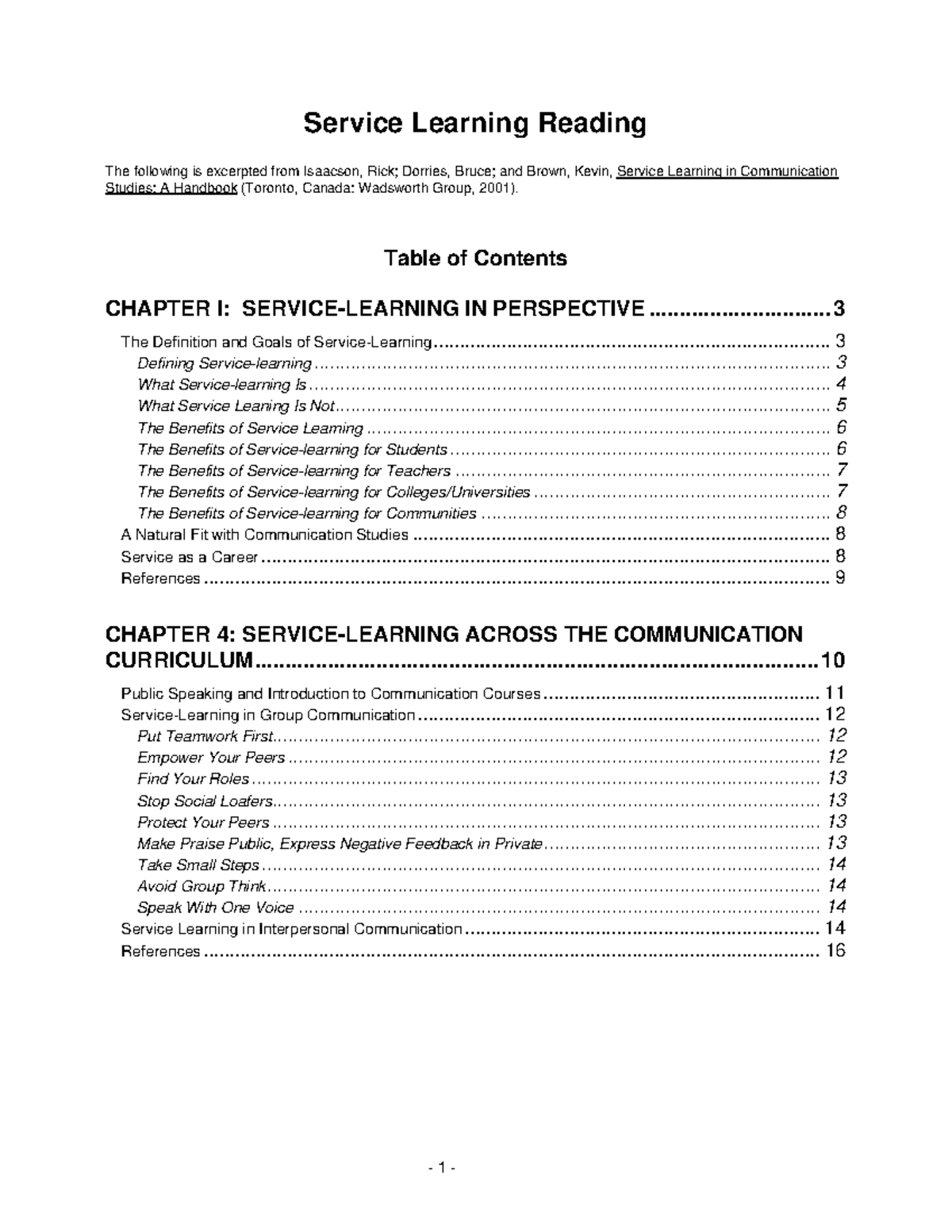 Service Learning Handbook - Service Learning Reading The following is ...