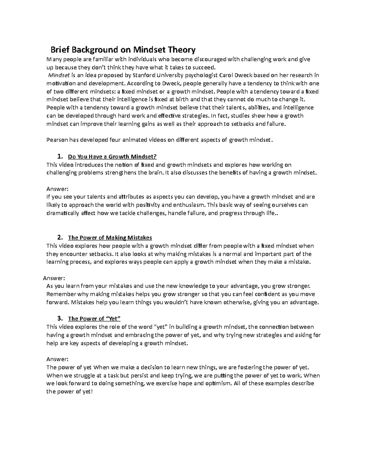 Mindset Theory (2) With Answer - Brief Background on Mindset Theory ...
