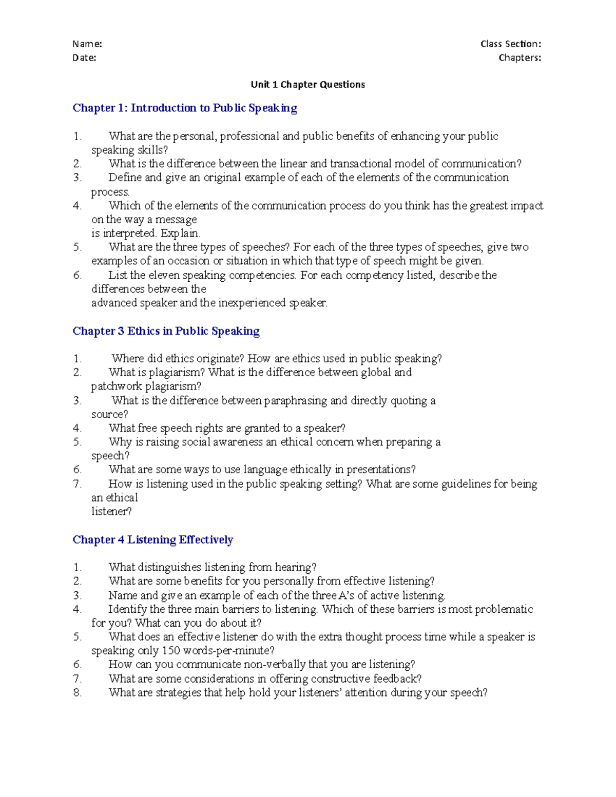 Unit 1 Chapter Questions - Name: Class Secion: Date: Chapters: Unit 1 ...