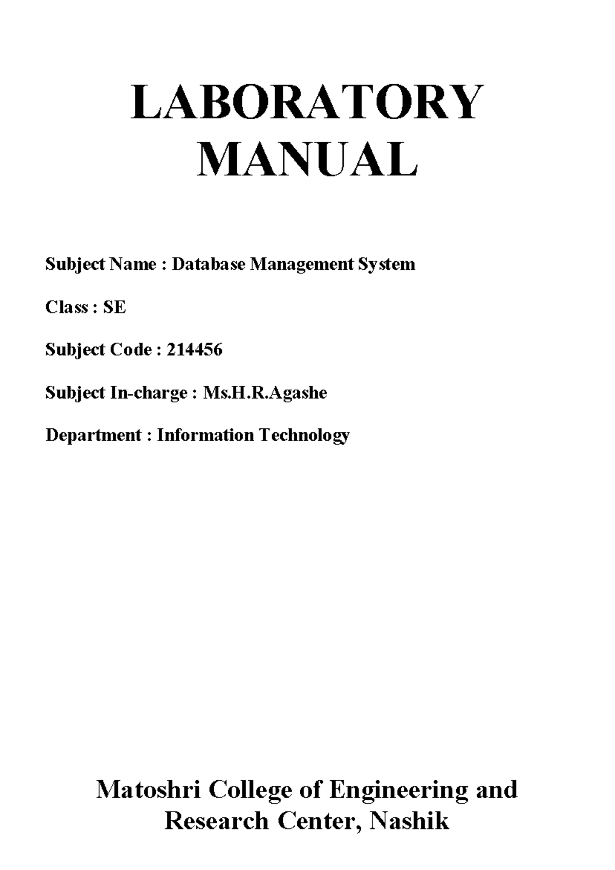 Final-DBMS-Lab Manual 1 - LABORATORY MANUAL Subject Name : Database ...
