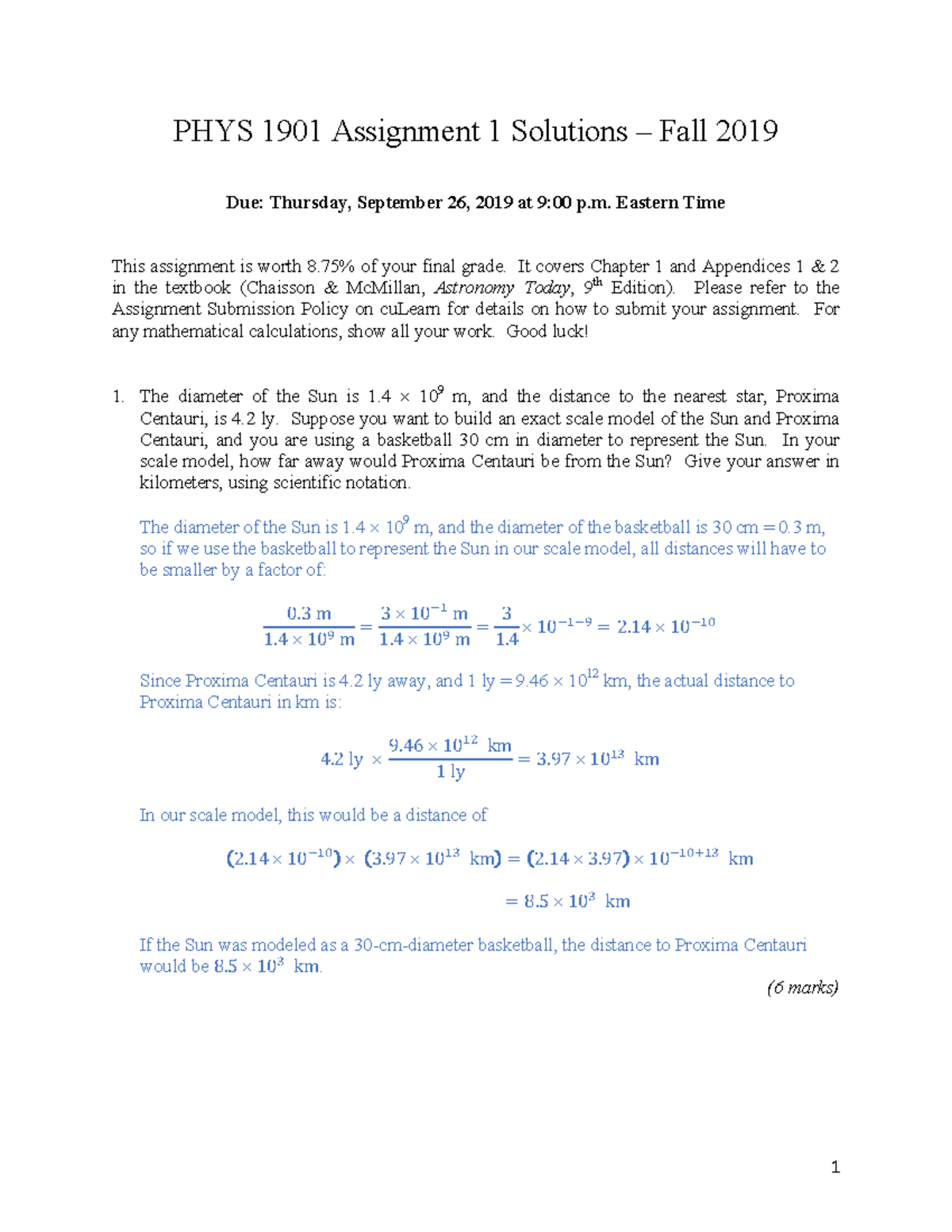 PHYS 1901 F2019 Assignment 1 Solutions - PHYS 1901 Assignment 1 ...
