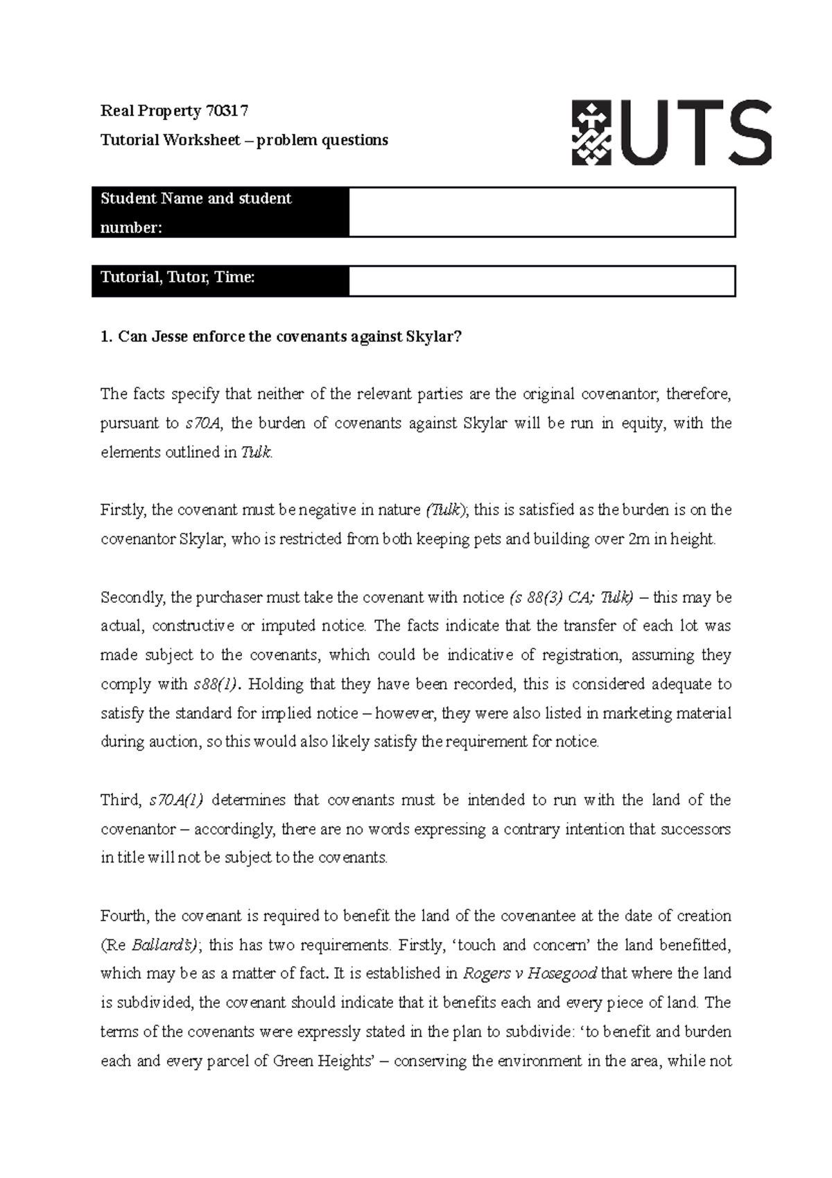 Covenants Q-Tutorial-7 - Real Property 70317 Tutorial Worksheet ...