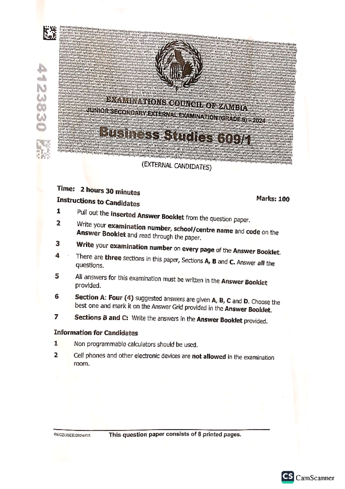2024 Business studies paper 1 g9 - COUNCIL OF ZAMBIA SECONDARY EXTERNAL ...