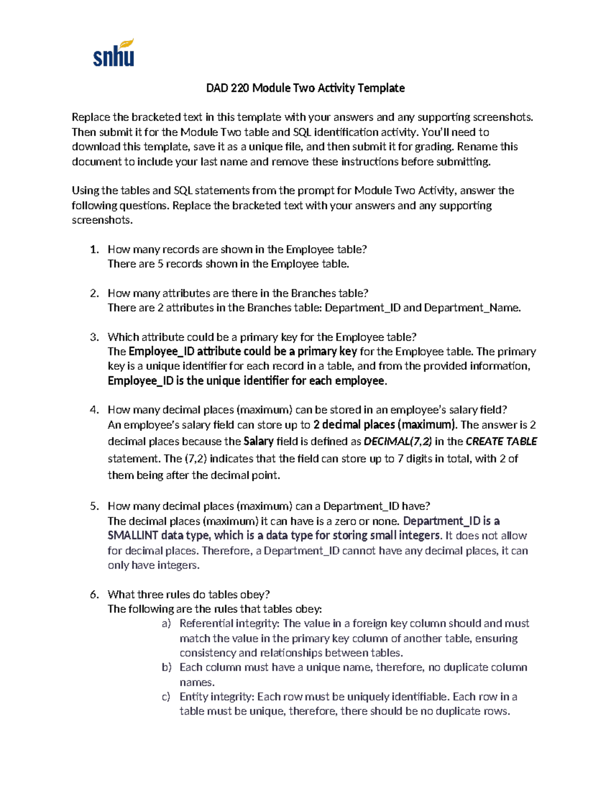 DAD 220 Module 2 Activity - DAD 220 Module Two Activity Template Replace the bracketed text in ...