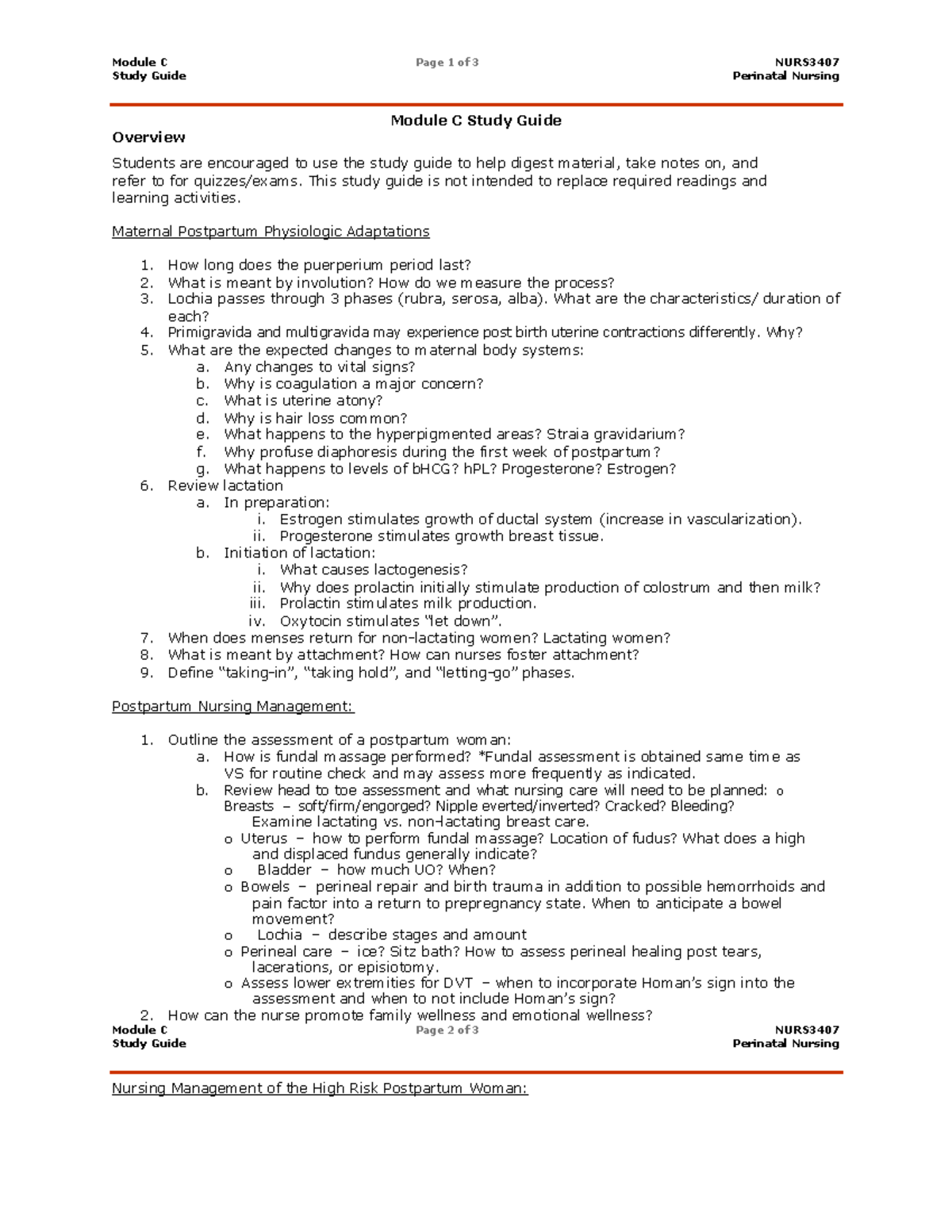 Exam C Study Guide - Module C Study Guide Page 1 of 3 NURS Perinatal ...