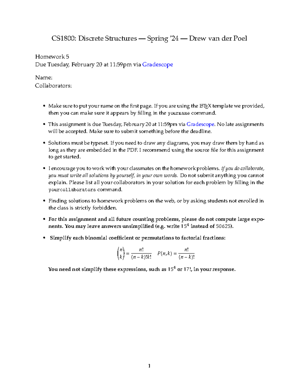 Hw5 - hw for discrete structures - CS1800: Discrete Structures — Spring ’24 — Drew van der Poel ...