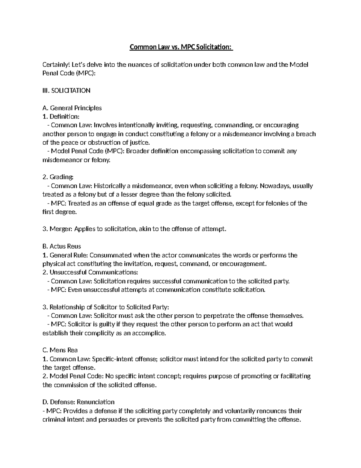 Solicitation Common Law vs. MPC - Common Law vs. MPC Solicitation ...