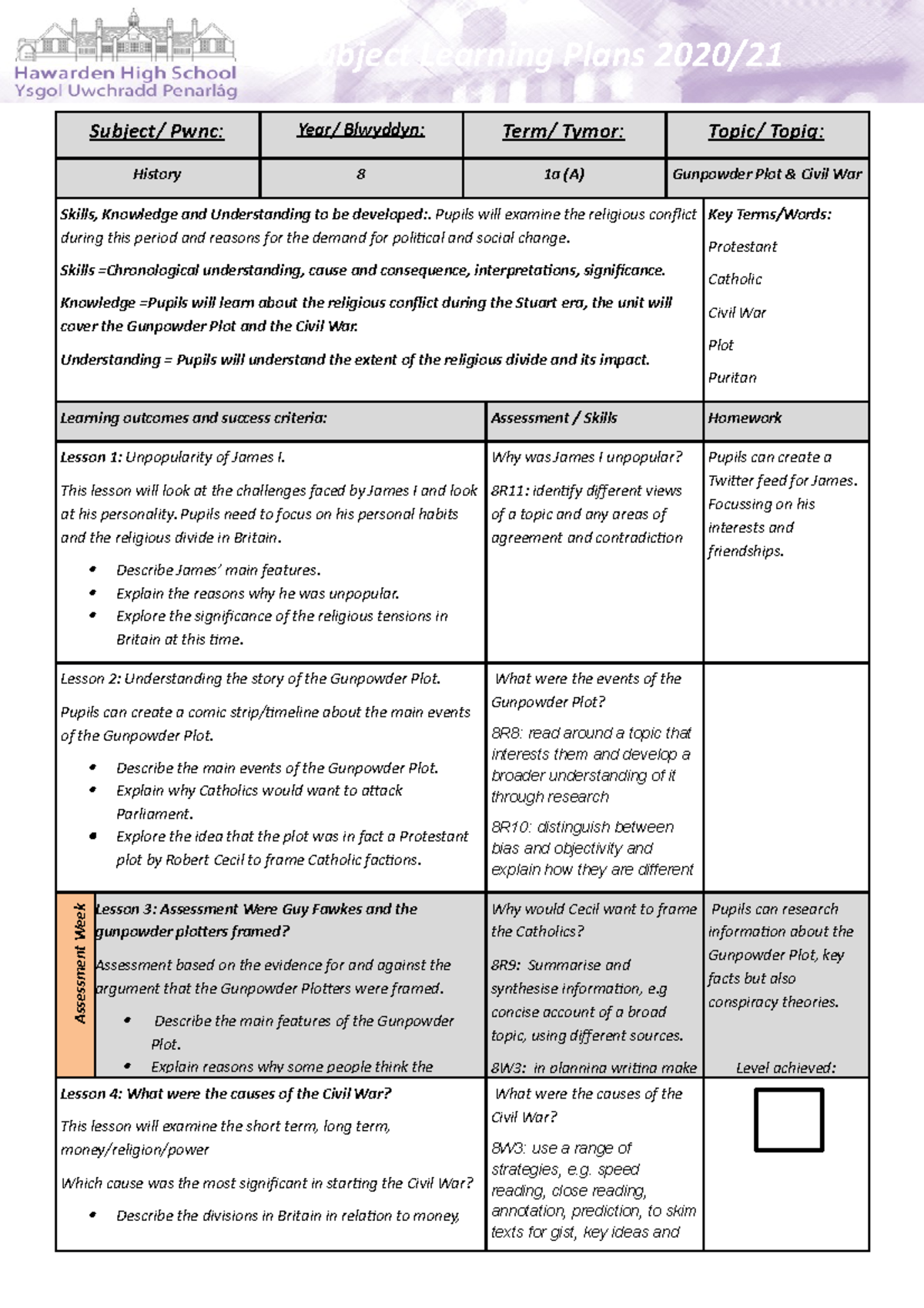 History - Year 8 Term 1a - A - Subject/ Pwnc : Year/ Blwyddyn : Term ...