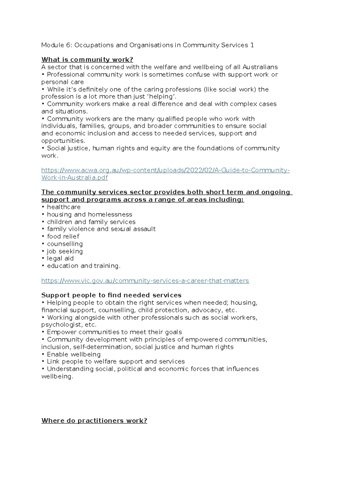 Week 6 notes - Module 6: Occupations and Organisations in Community ...