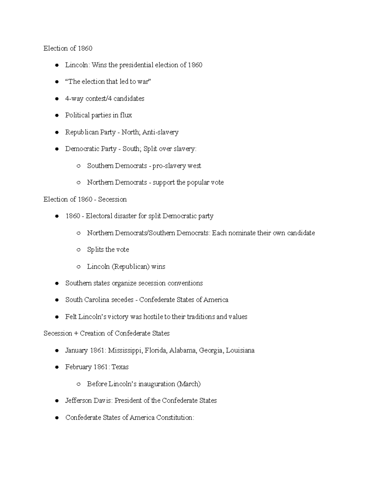 History Notes 12 5 - Election of 1860 Lincoln: Wins the presidential ...