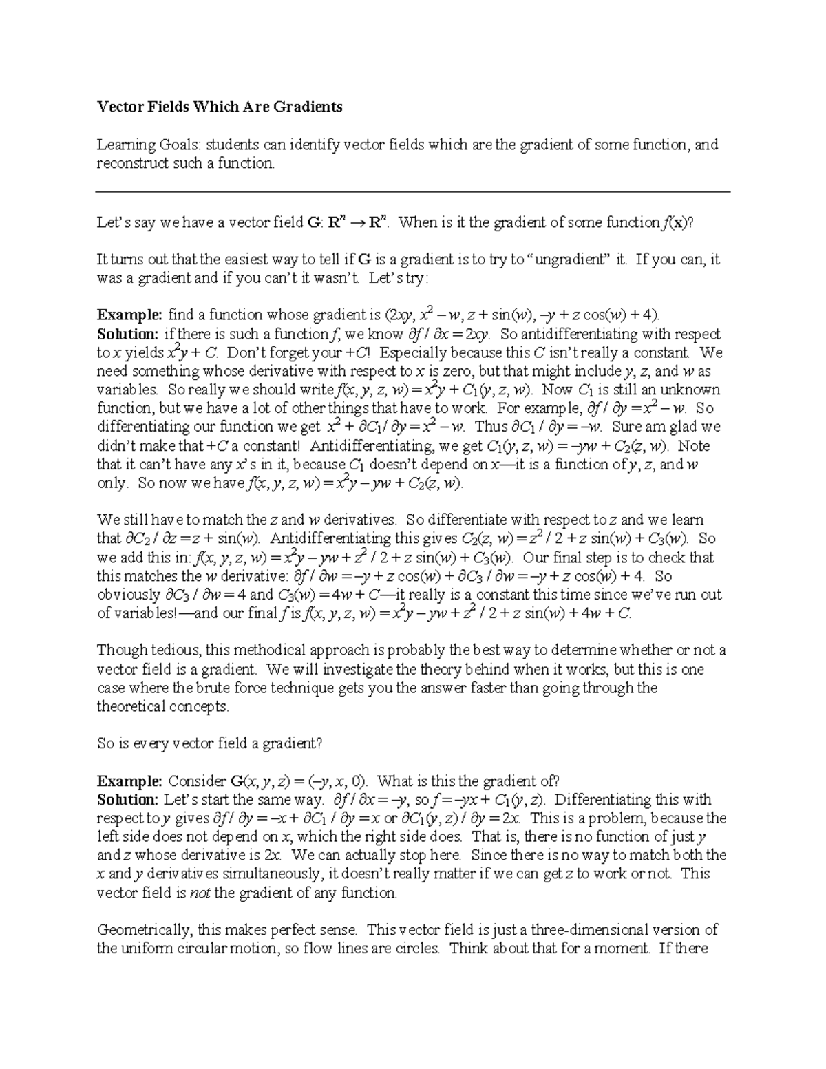 Notes 37-When is a Vector Field a Gradient - Vector Fields Which Are ...