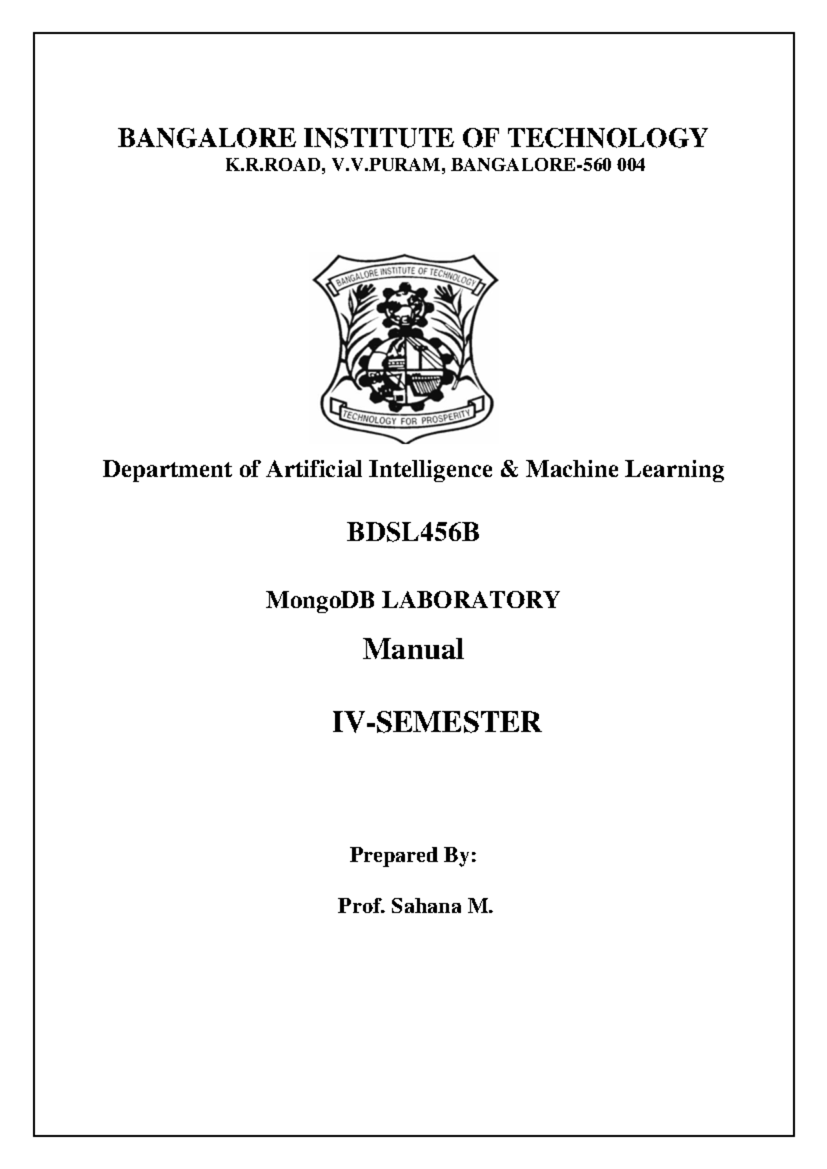 Mongo DB Manual - BANGALORE INSTITUTE OF TECHNOLOGY K.R, V.V, BANGALORE ...