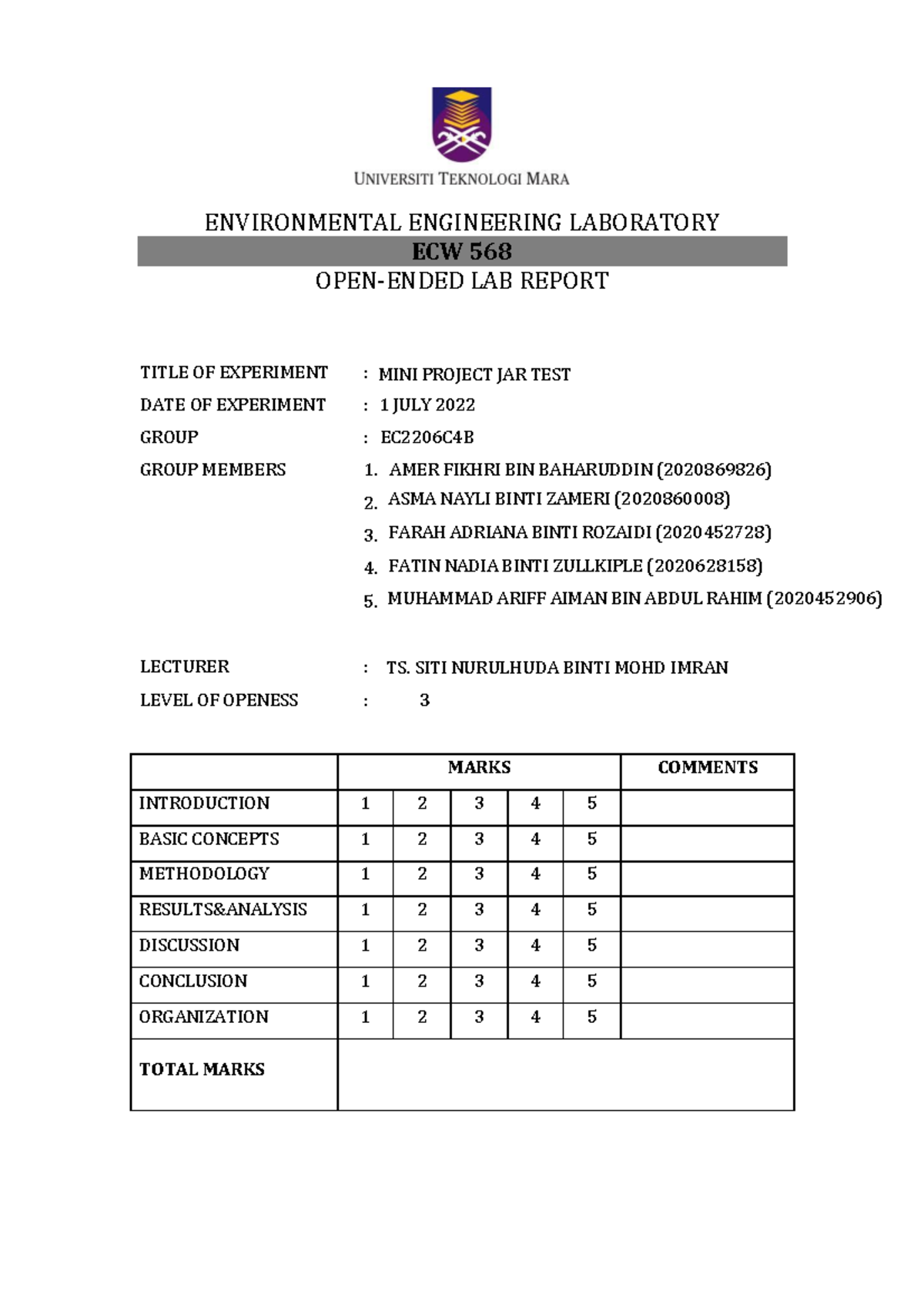 MINI Project Group 3 - ENVIRONMENTAL ENGINEERING LABORATORY ECW 568 ...