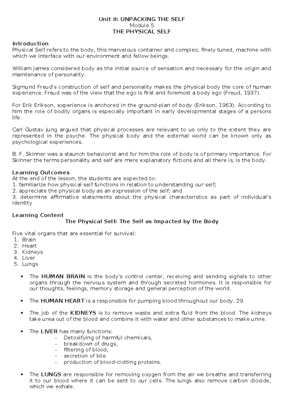 1 The Physical Self - notes - Unit II: UNPACKING THE SELF Module 5 THE ...