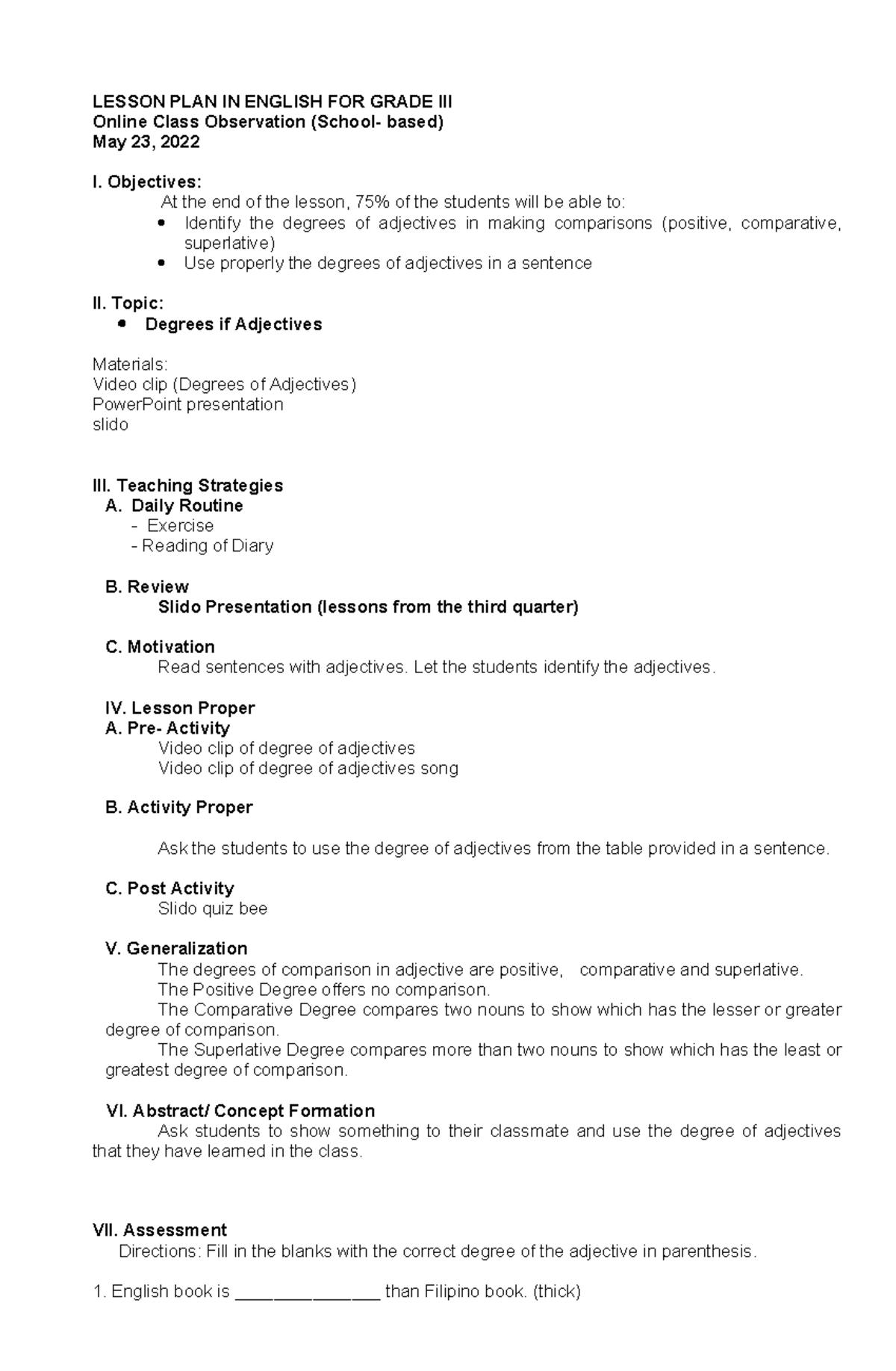 English 4THQ Class Observation - LESSON PLAN IN ENGLISH FOR GRADE III ...