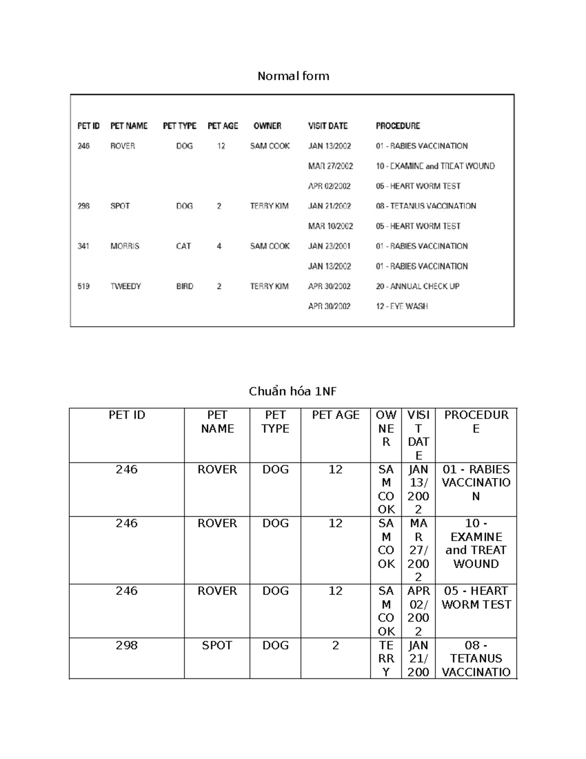 DBI202-homework - Normal form Chuẩn hóa 1NF PET ID PET NAME PET TYPE ...