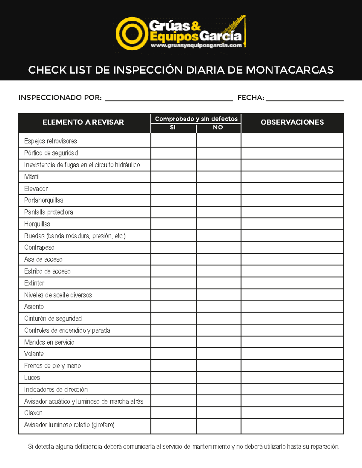 Checklist-montacargas - CHECK LIST DE INSPECCIÓN DIARIA DE MONTACARGAS ...
