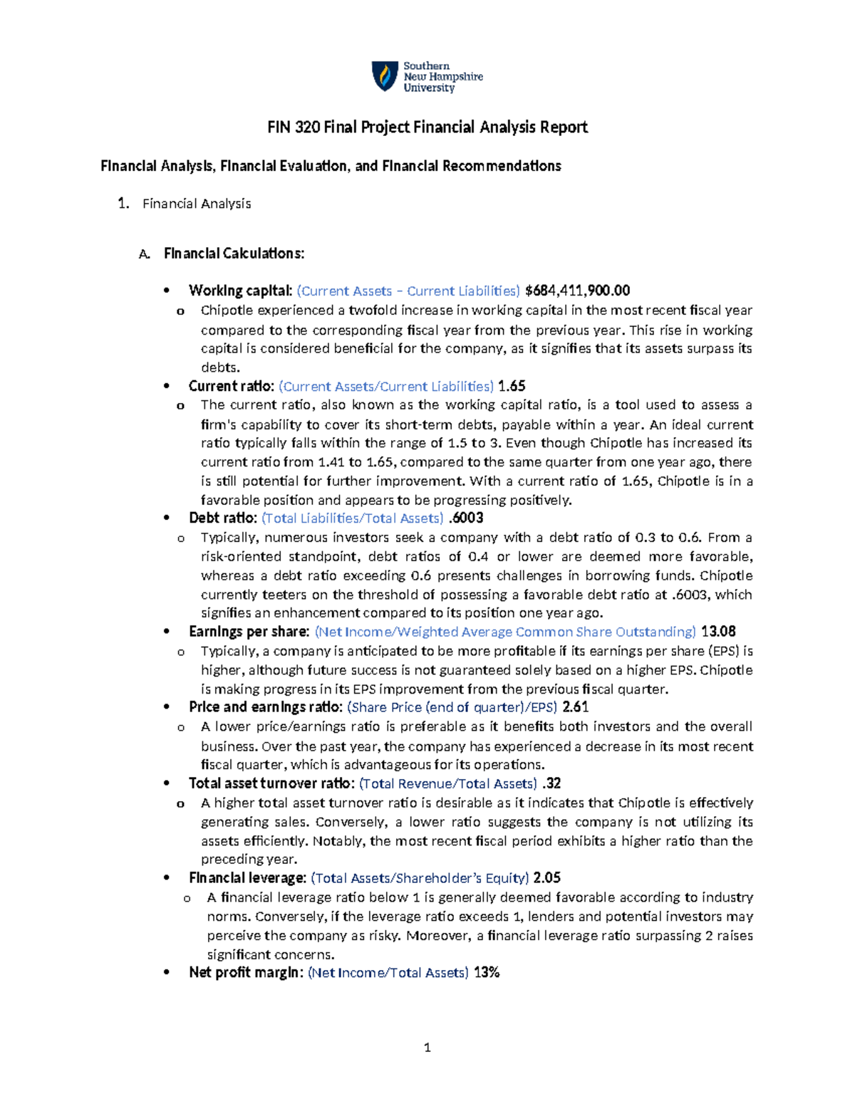 FIN 320 Final Project Financial Analysis Report - Financial Analysis A ...