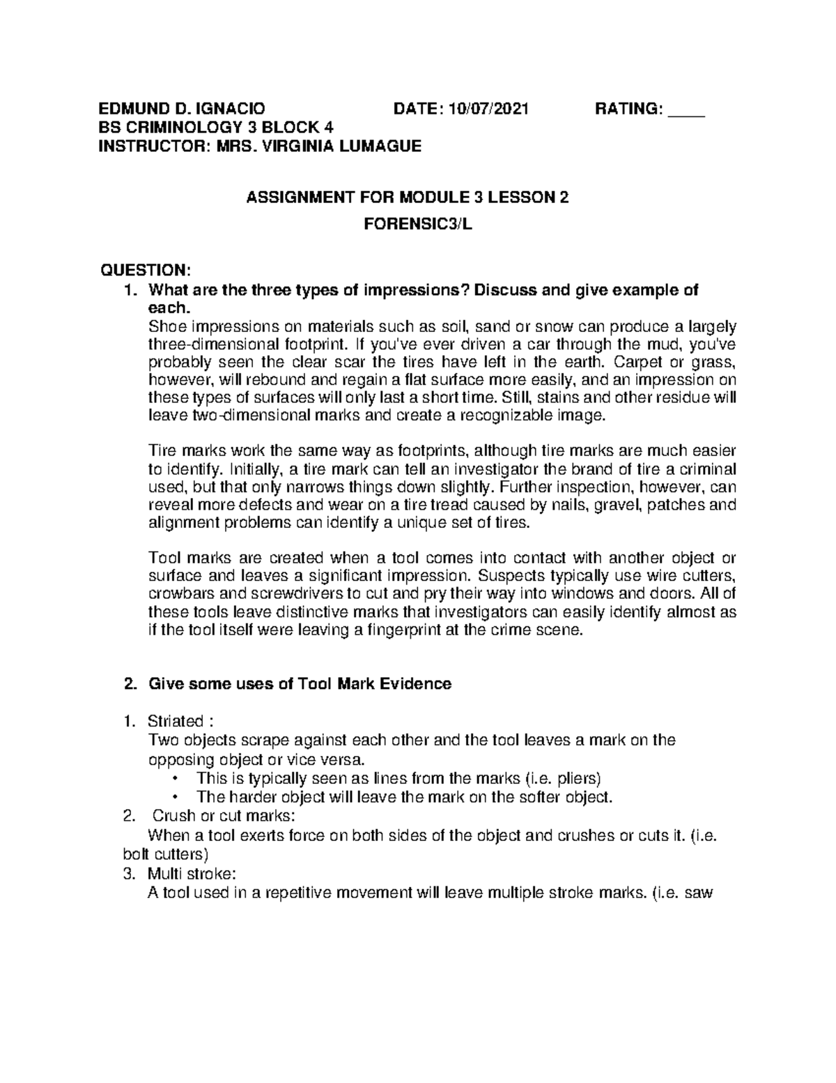 Forensic 3L VAL Edmund Ignacio Assign FOR M3L2 - EDMUND D. IGNACIO DATE: 10/07/2021 RATING ...