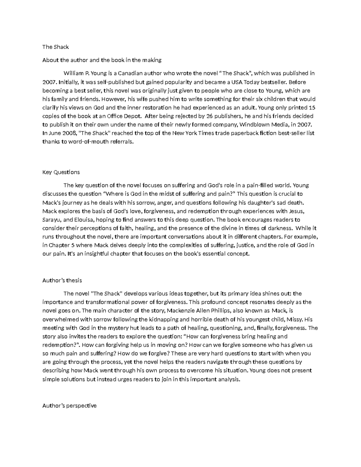 The Shack - Summary God's Journey With his People - The Shack About the ...