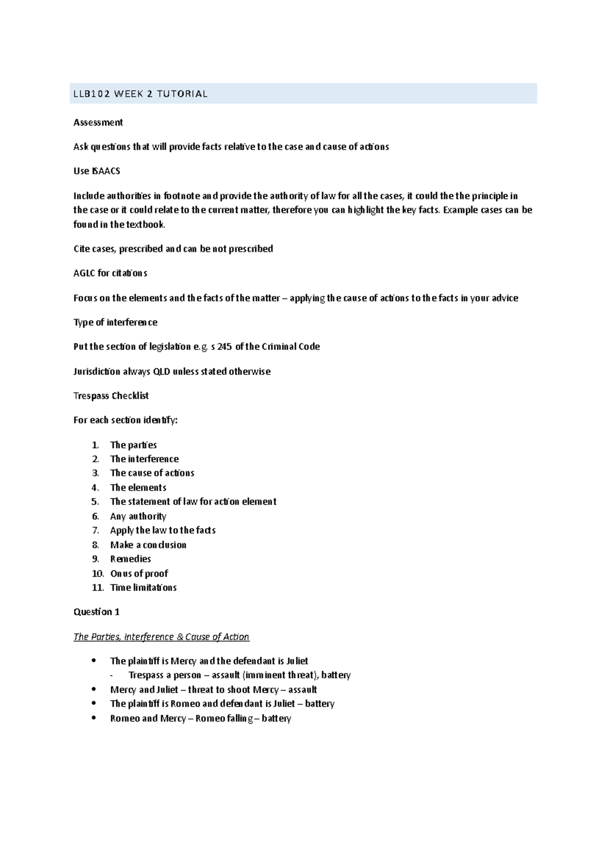 LLB102 W2 Tutorial - tute notes - LLB102 WEEK 2 TUTORIAL Assessment Ask ...