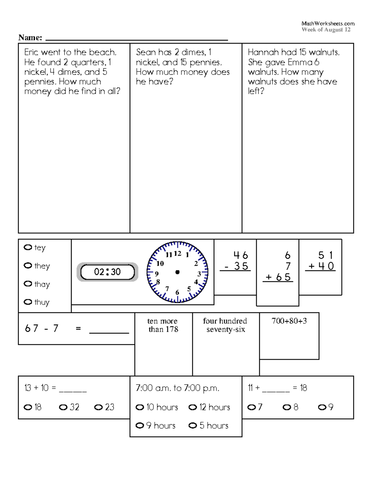 Math Worksheets Grade 1 8 12 - Name: Week of August 12 (ULF ZHQW WR WKH ...
