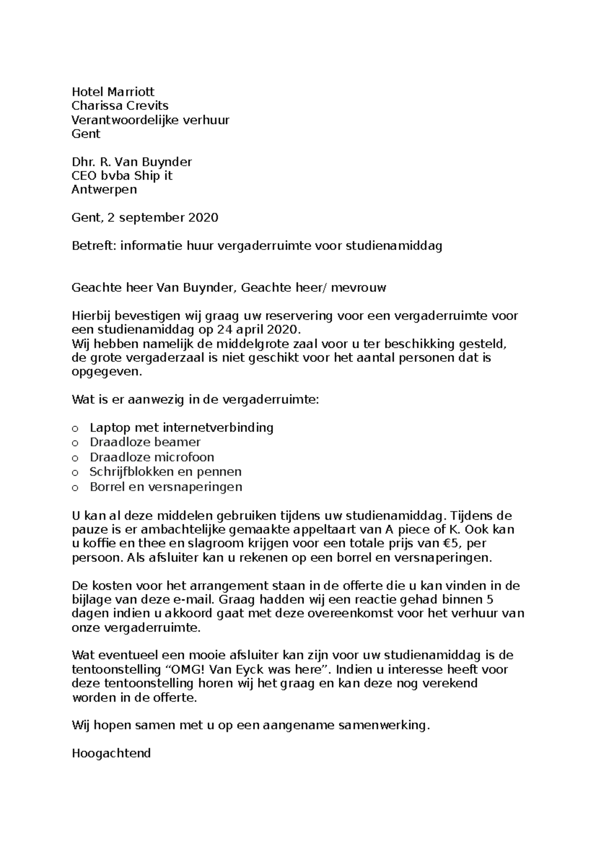 Opmaak brief - Hotel Marriott Charissa Crevits Verantwoordelijke ...