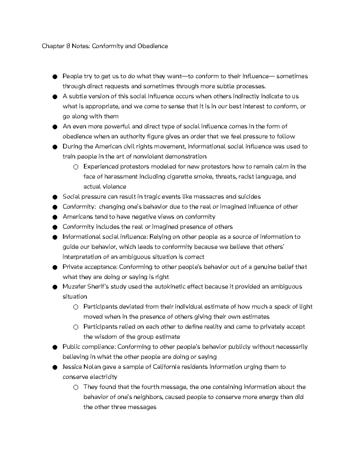 Ch. 8 - Social Psychology Textbook Notes - Chapter 8 Notes: Conformity ...