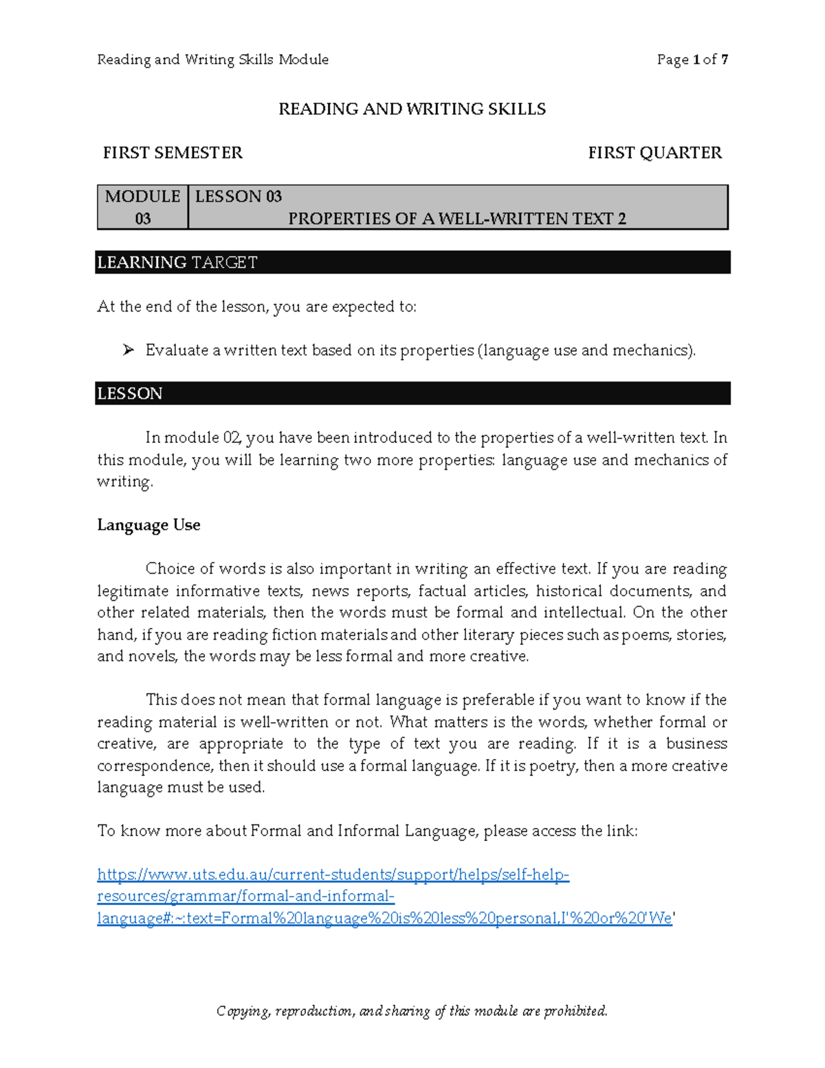 Lesson 03 Properties of a Well-Written Text 2 - READING AND WRITING ...