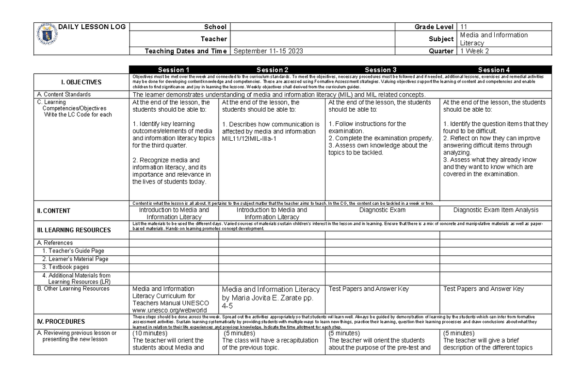 WEEK 3 - MIL - DAILY LESSON LOG School Grade Level 11 Teacher Subject ...