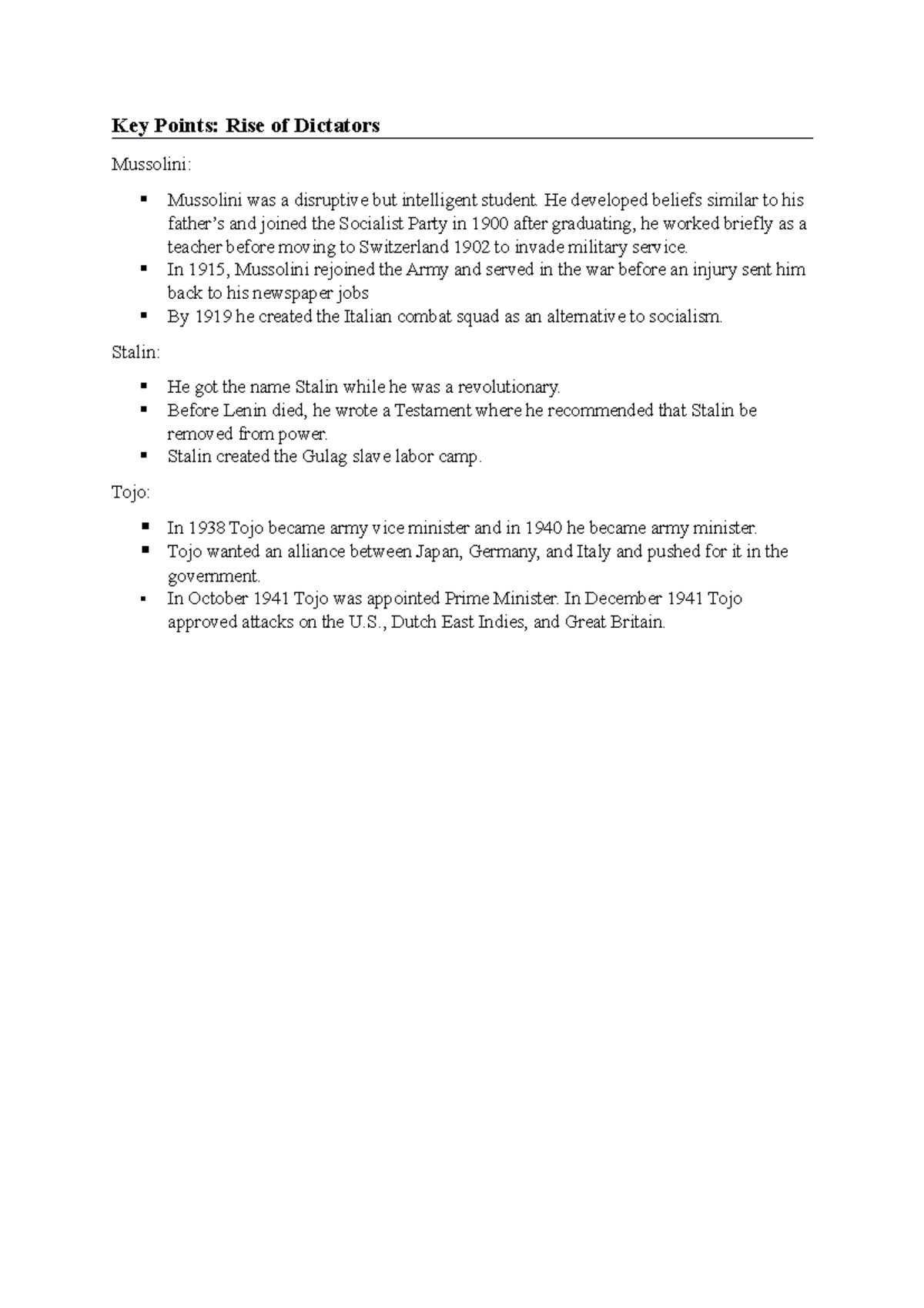 Key Points Rise of Dictators - ARTS3843 - UNSW Sydney - Studocu