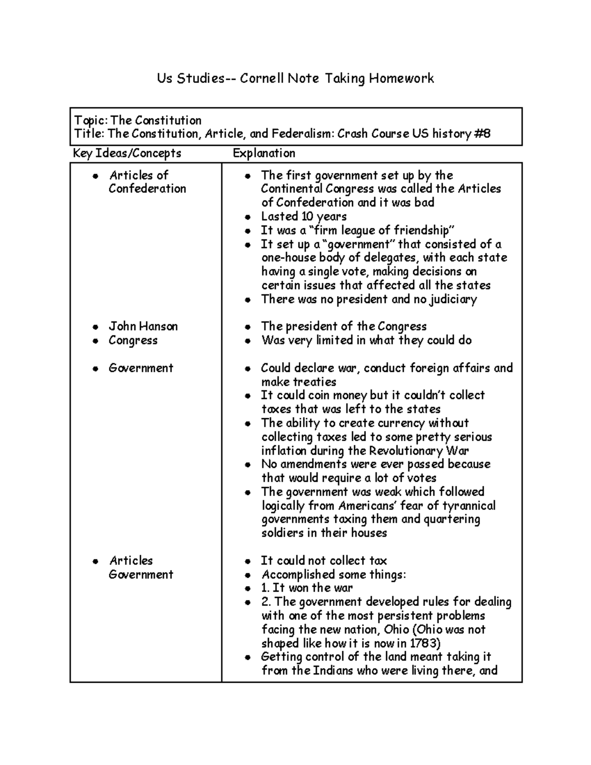 US Studies “The Constitution” Cornell notes - Us Studies- Cornell Note ...