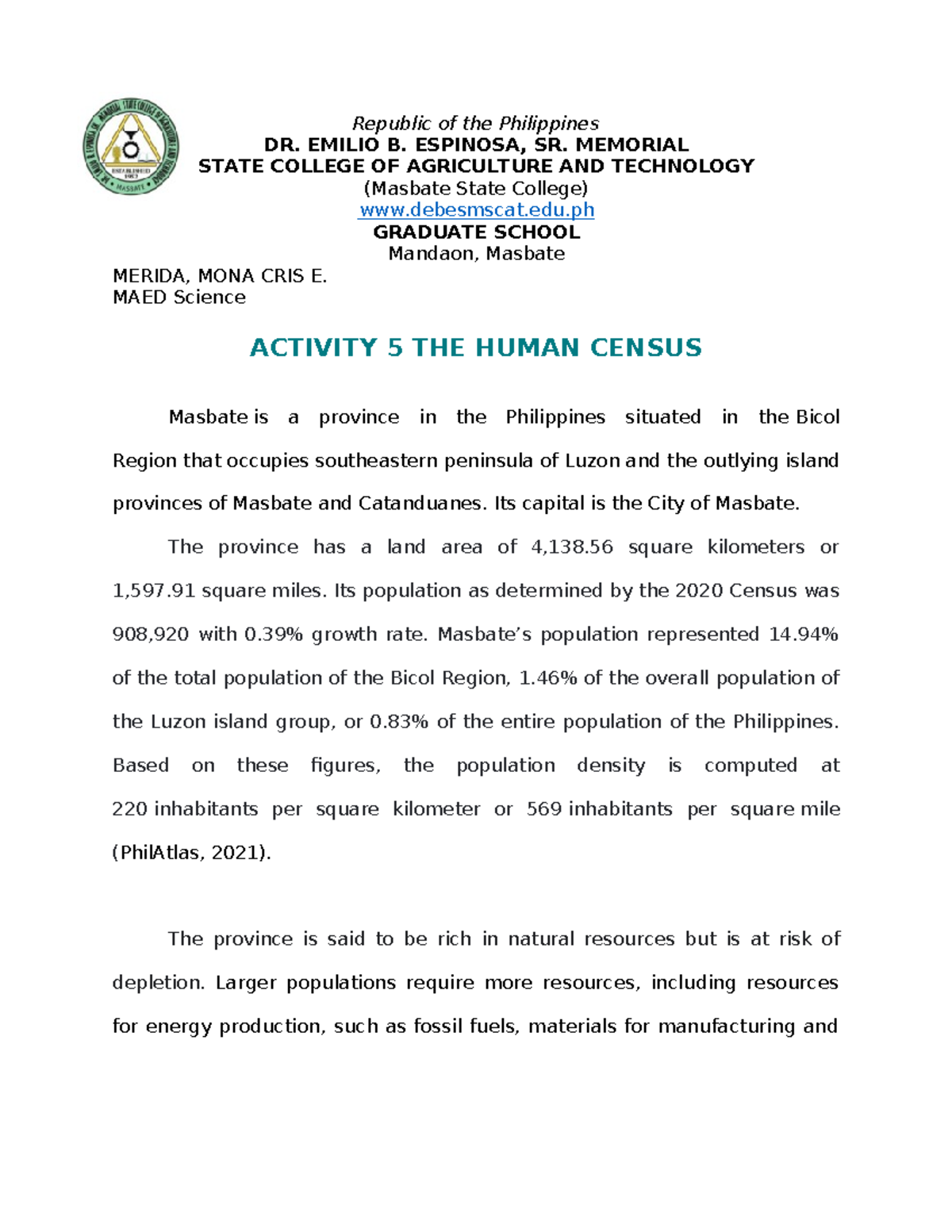 Activity 5 THE Human Census - Republic of the Philippines DR. EMILIO B ...