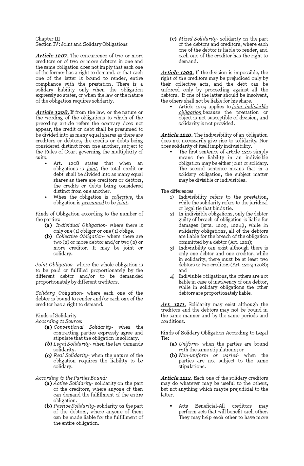 Chapter III - notes - Chapter III Section IV: Joint and Solidary ...