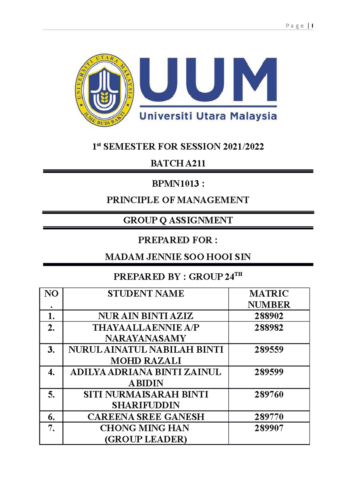 Draft Assignment POM - P a g e | I 1 st SEMESTER FOR SESSION 2021 ...