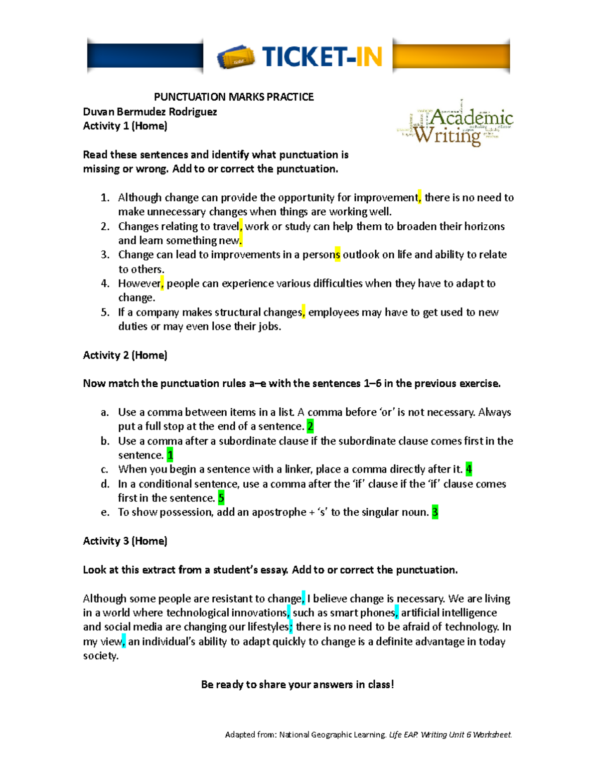 7. Punctuation workshop - PUNCTUATION MARKS PRACTICE Duvan Bermudez ...