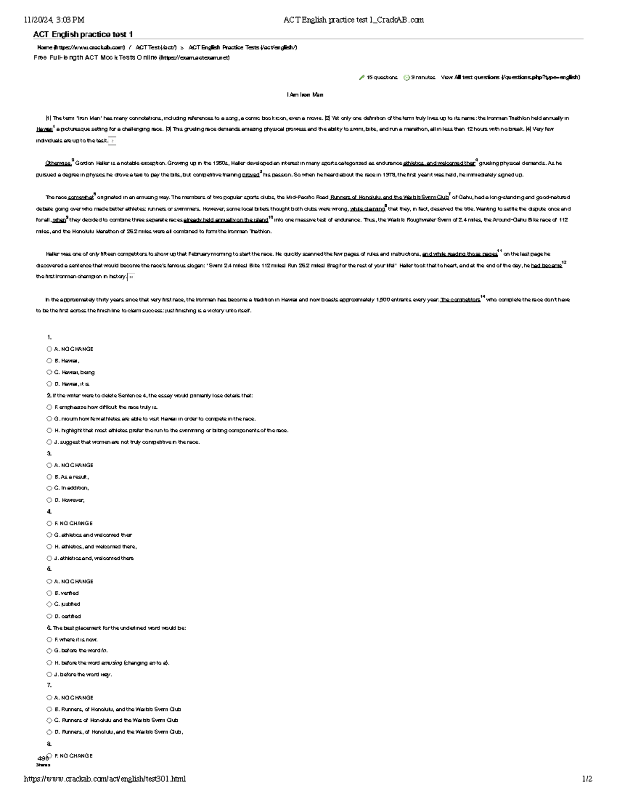 ACT English practice test 1 Crack AB - ACT English practice test 1 Home ...