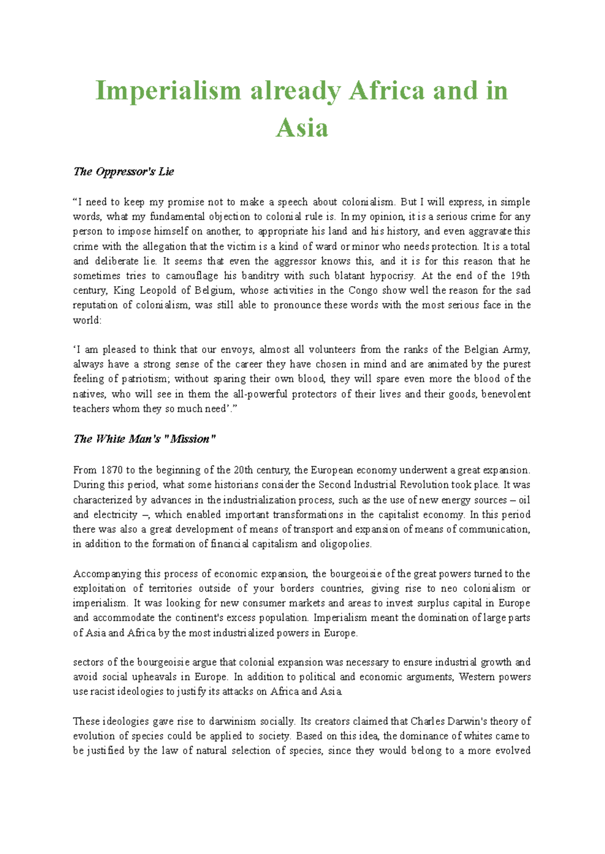 The history of imperialism. - Imperialism already Africa and in Asia ...