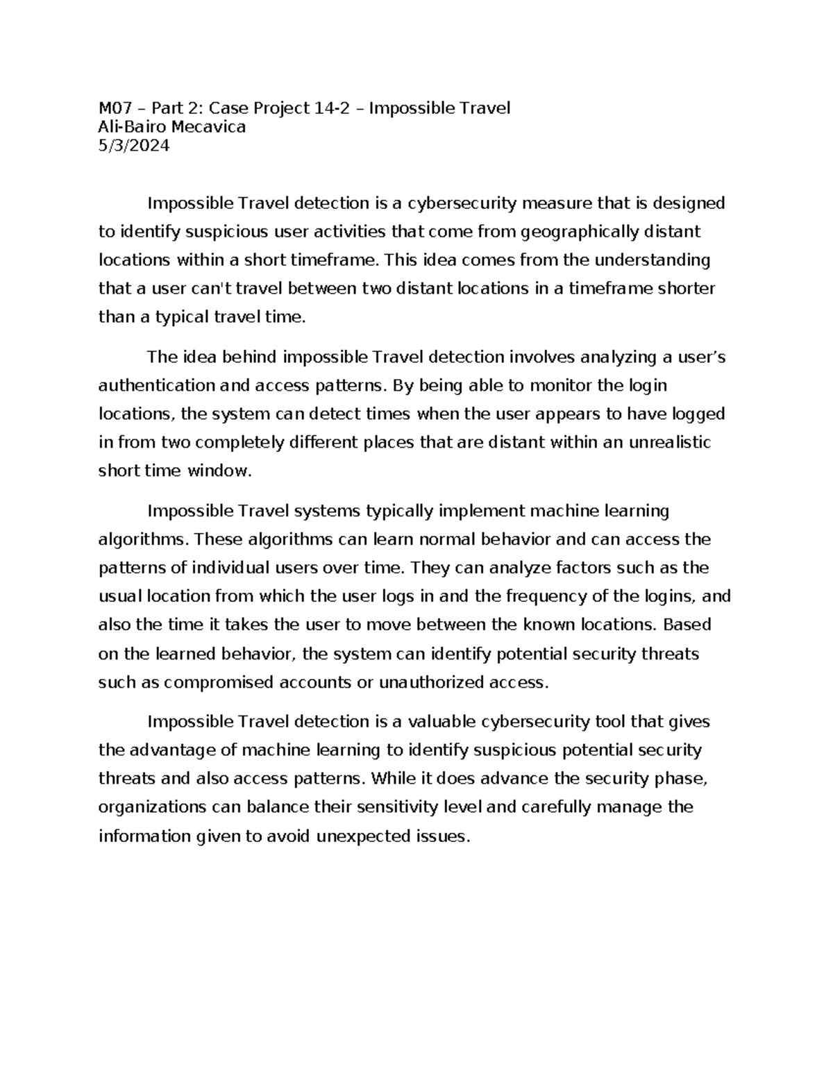 M07 - Part 2Case Project 14-2 - Impossible Travel Mecavica - M07 – Part ...