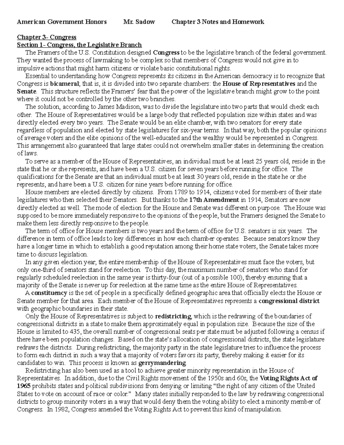 Gov chapter 3 - American Government Honors Mr. Sadow Chapter 3 Notes ...