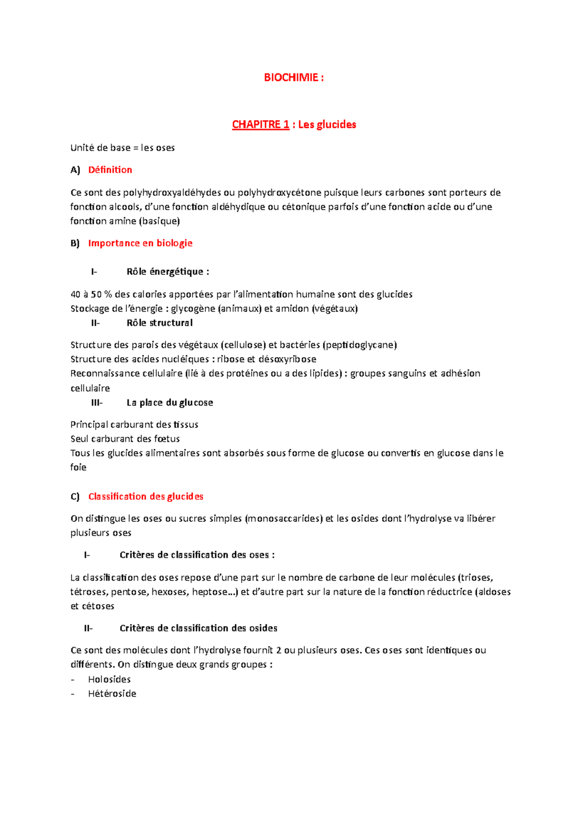 Chapitre 1 les glucides - BIOCHIMIE : CHAPITRE 1 : Les glucides Unité ...