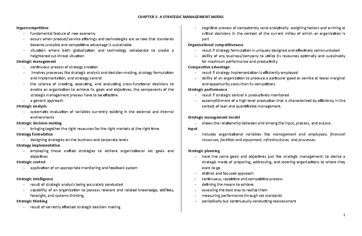 Strategic Management - Lecture notes 2 - CHAPTER 1: A STRATEGIC ...
